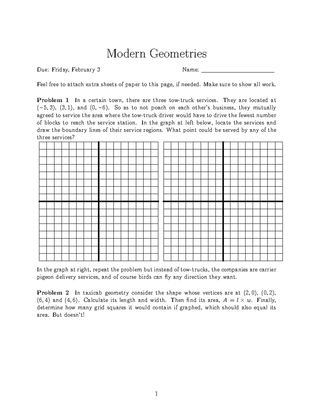 Homework 2 (Taxicab Geometry) - Modern Geometries Due: Friday, February ...