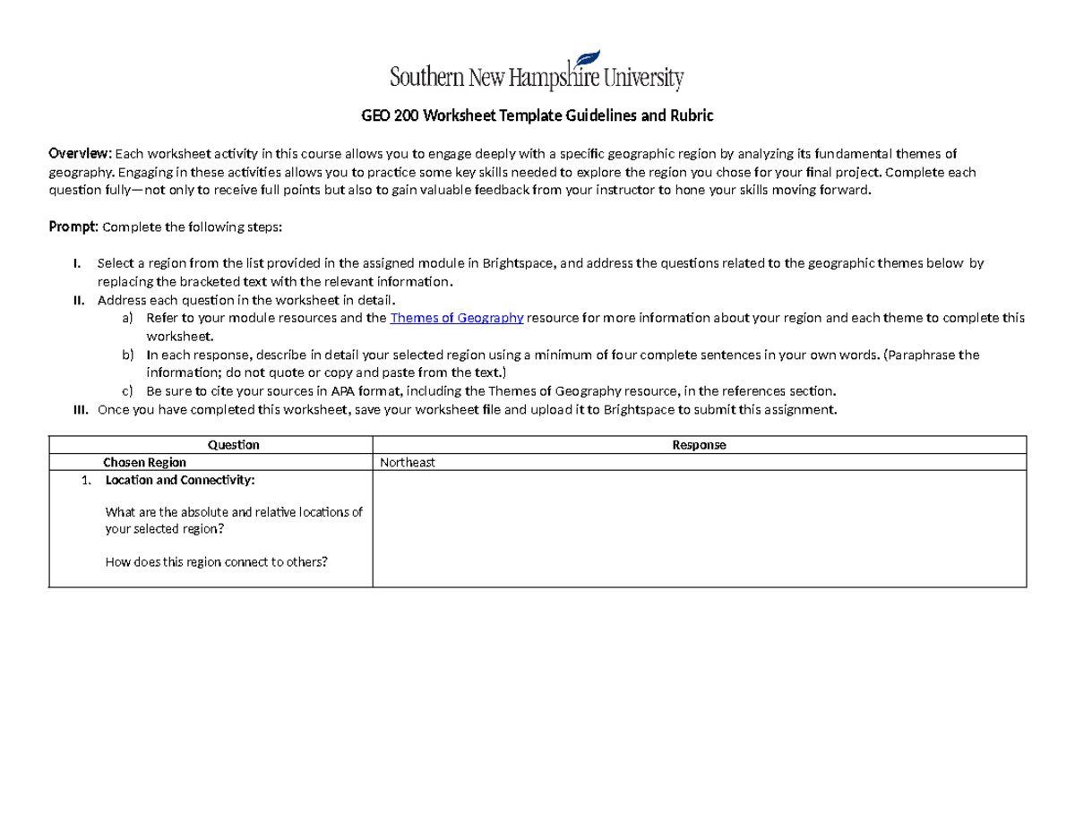 GEO 200 Worksheet Template Guidelines and Rubric - Engaging in these ...
