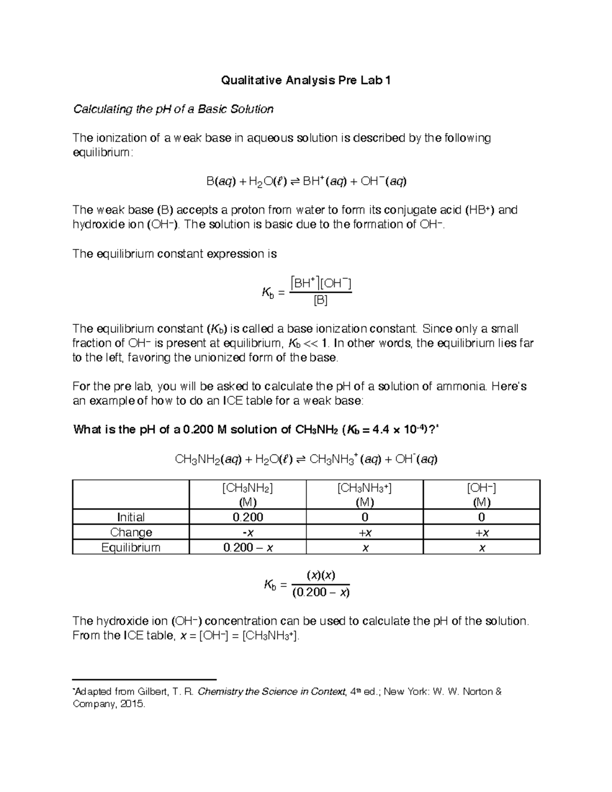 915 - Chem lab - Qualitative Analysis Pre Lab 1 Calculating the pH of a Basic Solution The - Studocu