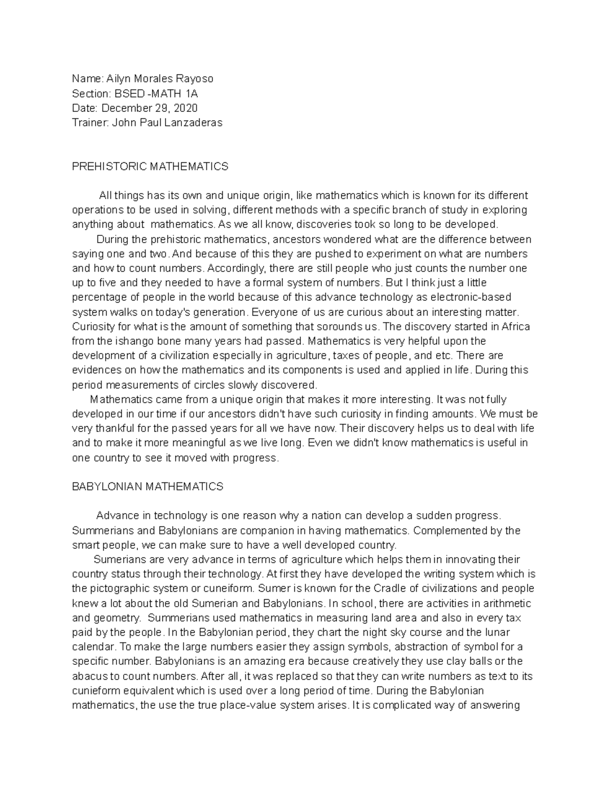 Reflections history of Mathematics - Name: Ailyn Morales Rayoso Section ...