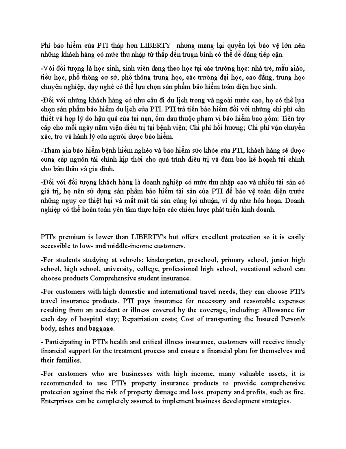 Đề xuất - 12323 - Phí bảo hiểm của PTI thấp hơn LIBERTY nhưng mang lại quyền lợi bảo vệ lớn nên ...