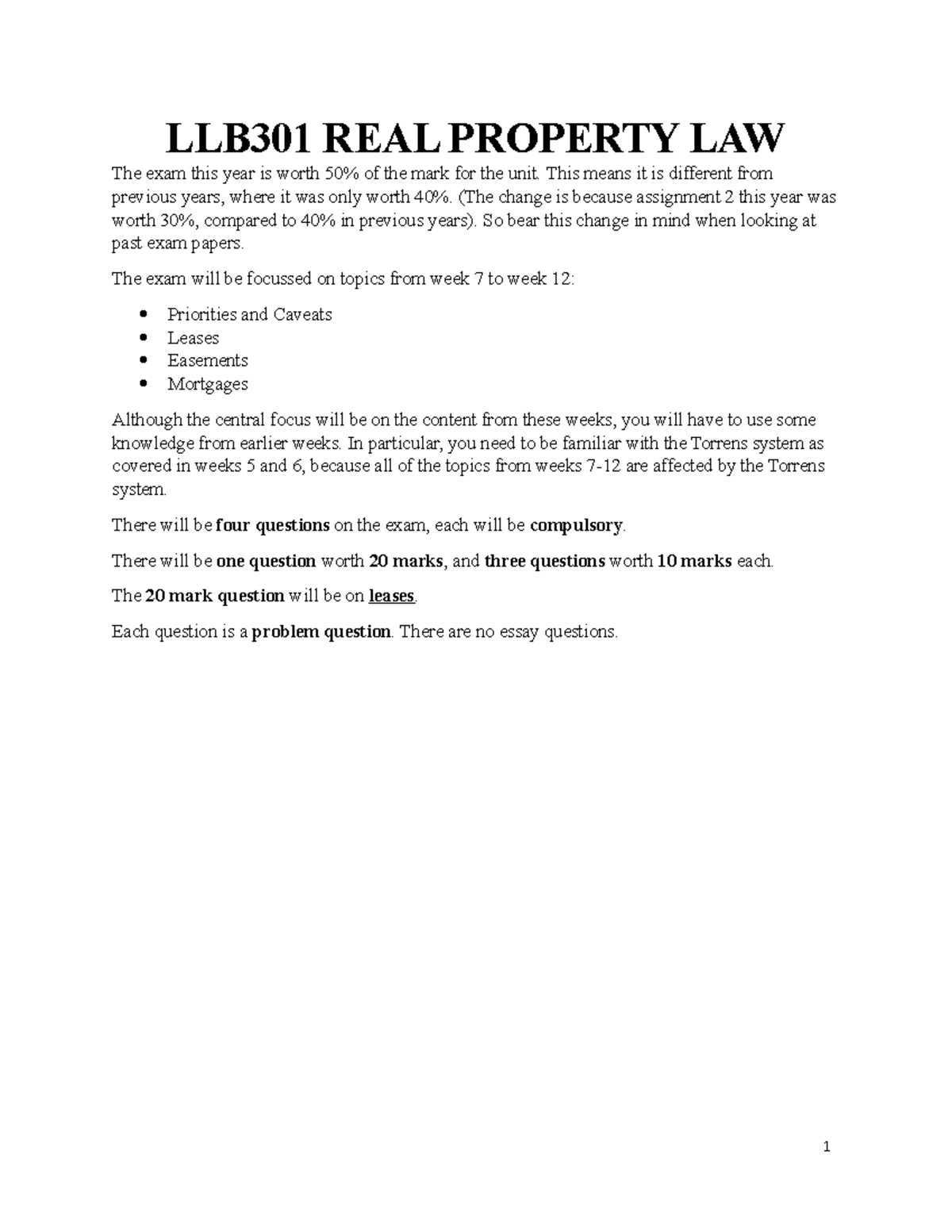 LLB301 Real Property Law Exam - Studocu