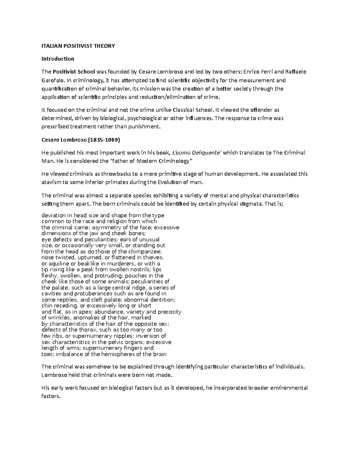 Italian Positivist Theory - ITALIAN POSITIVIST THEORY Introduction The ...