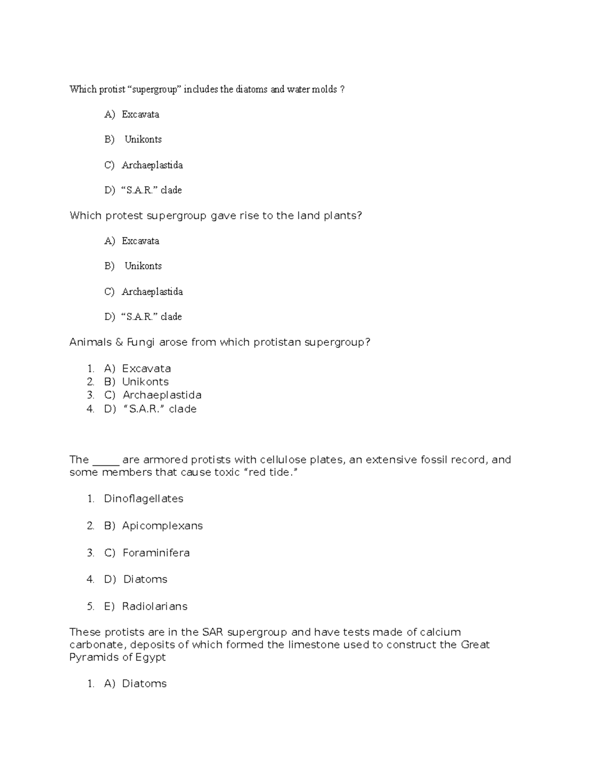 Test prep - practice test - Which protist “supergroup” includes the ...