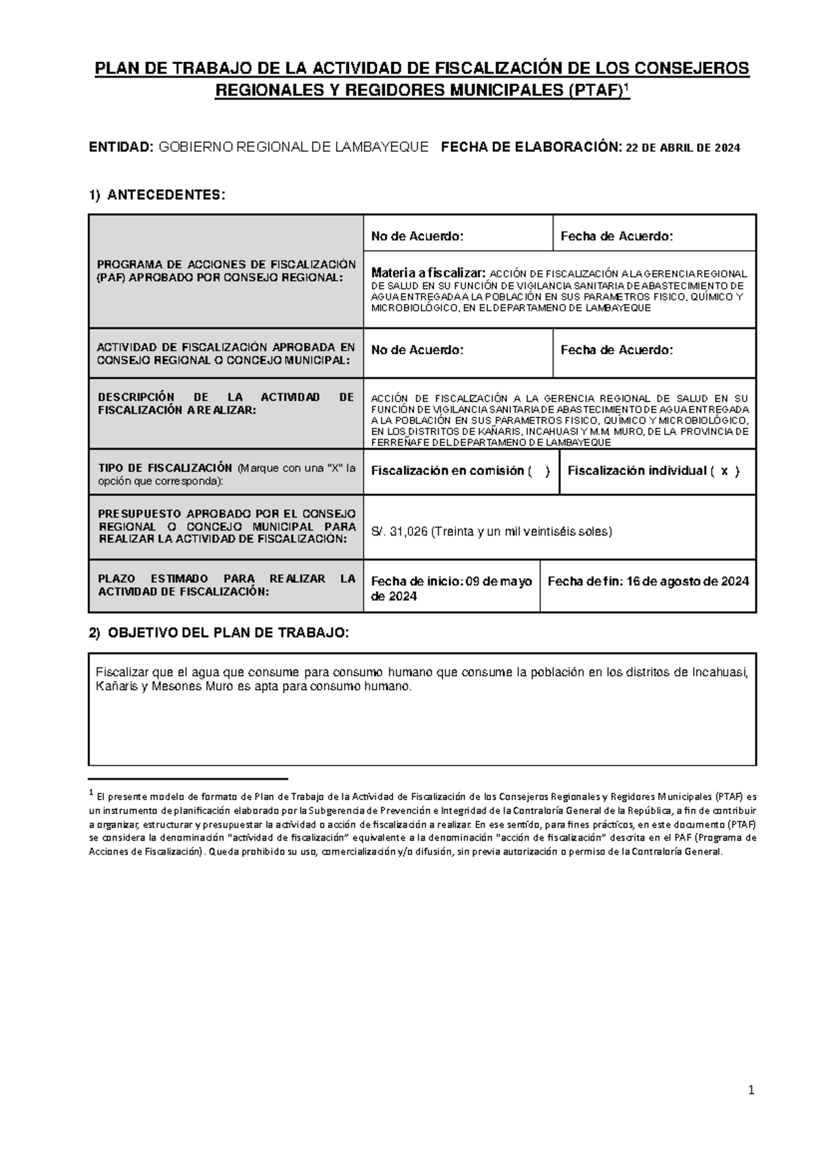 PTAF 1 Calidad DEL AGUA - PLAN DE TRABAJO DE LA ACTIVIDAD DE ...