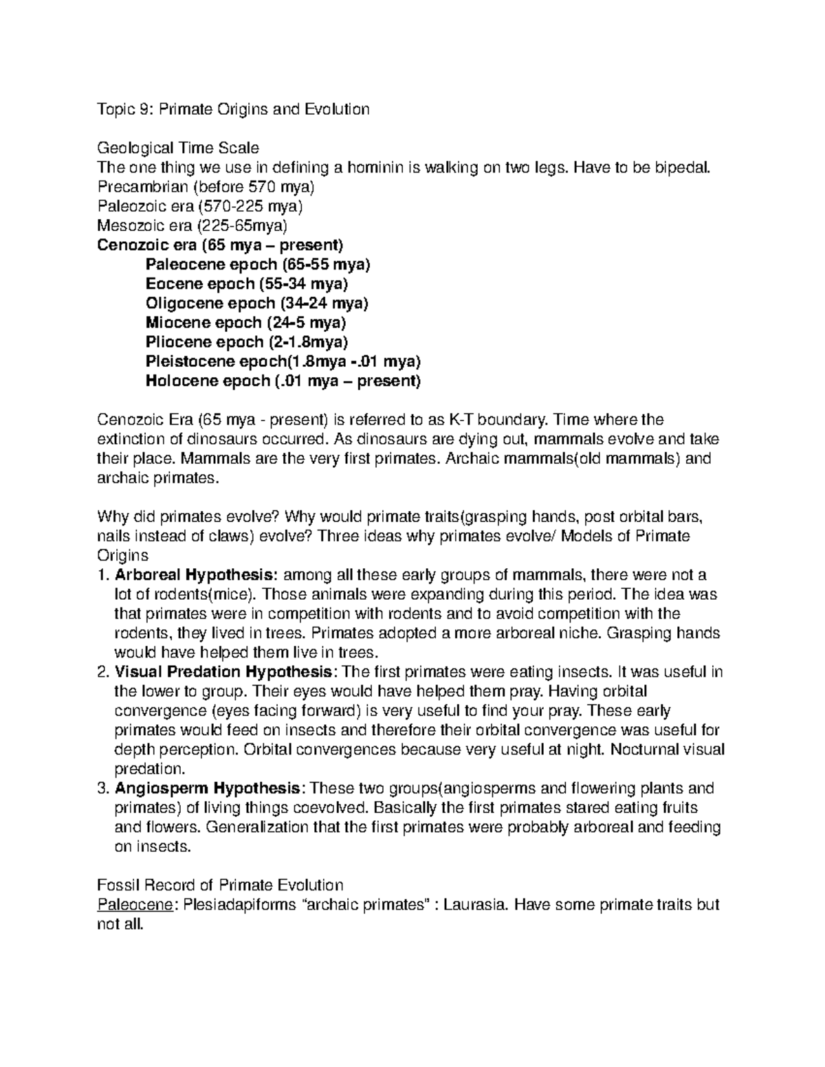 Anthro topics 9 - Lecture notes 9 - Topic 9: Primate Origins and ...