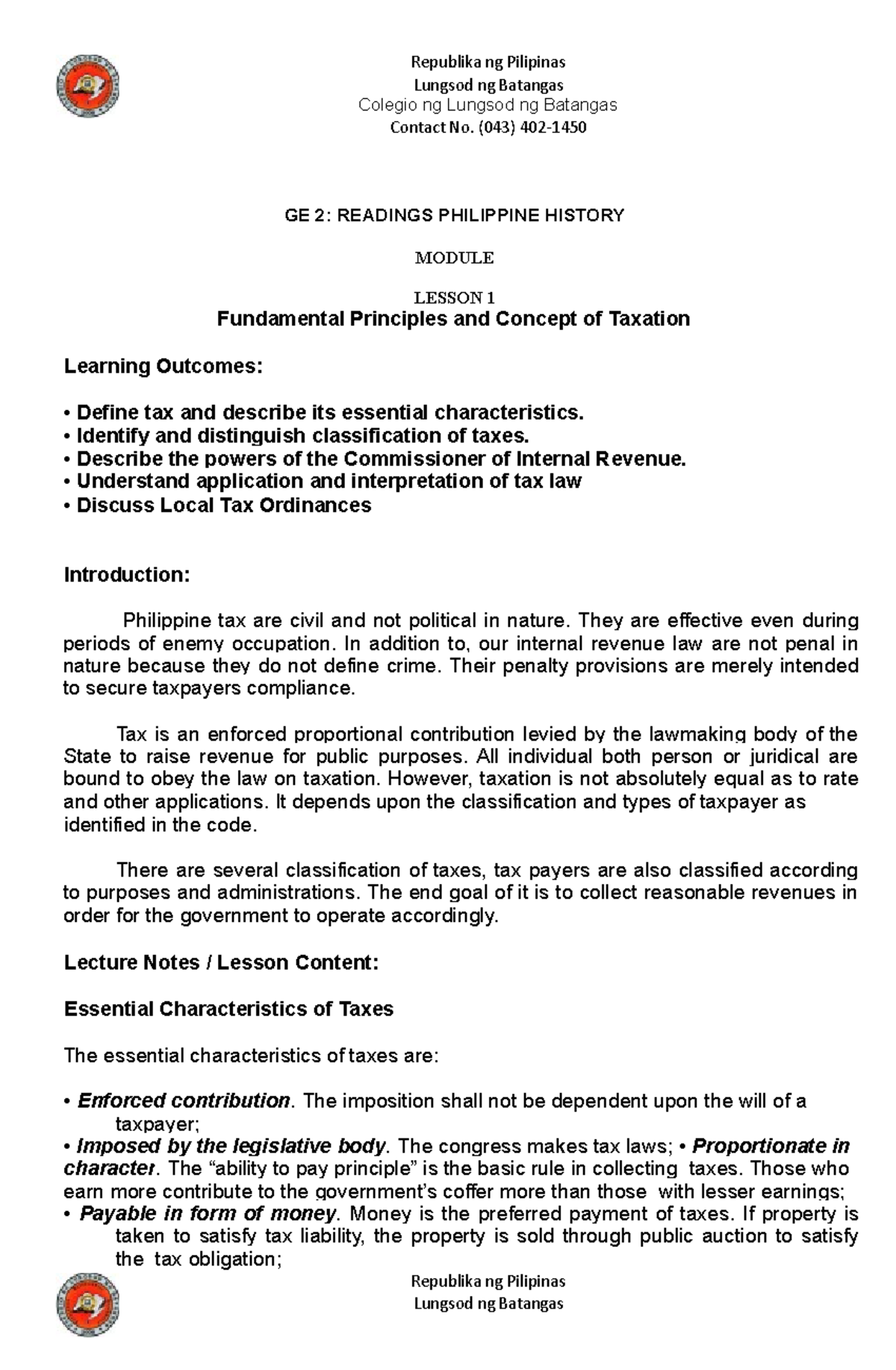 Lesson Taxation - Define tax and describe its essential characteristics ...