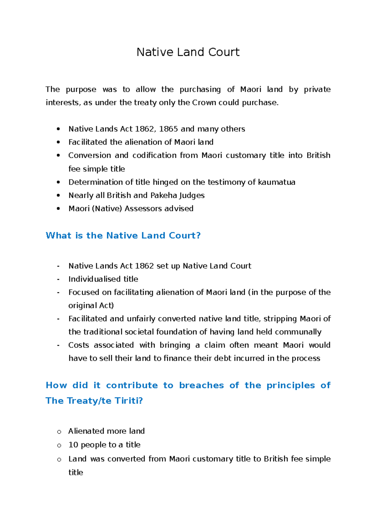 Native Land Court Notes - Native Land Court The purpose was to allow ...