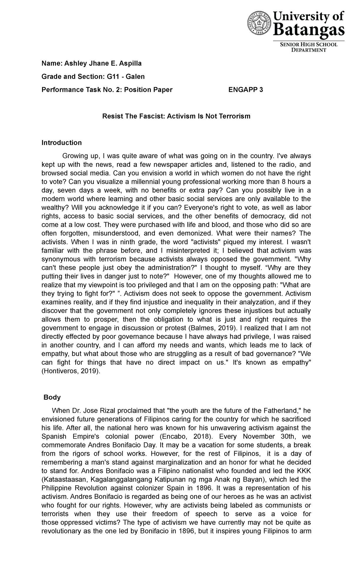 Position Paper - Aspilla, Ashley Jhane E - Name: Ashley Jhane E ...