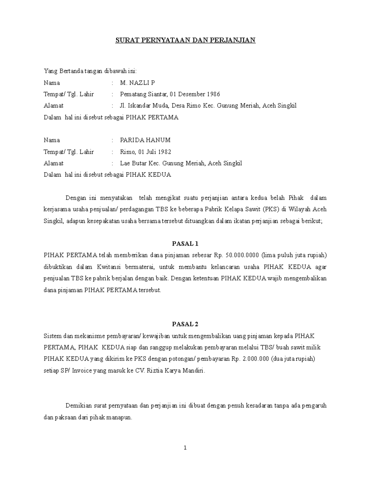 Surat Pernyataan DAN Perjanjian IBU Hanum - SURAT PERNYATAAN DAN ...