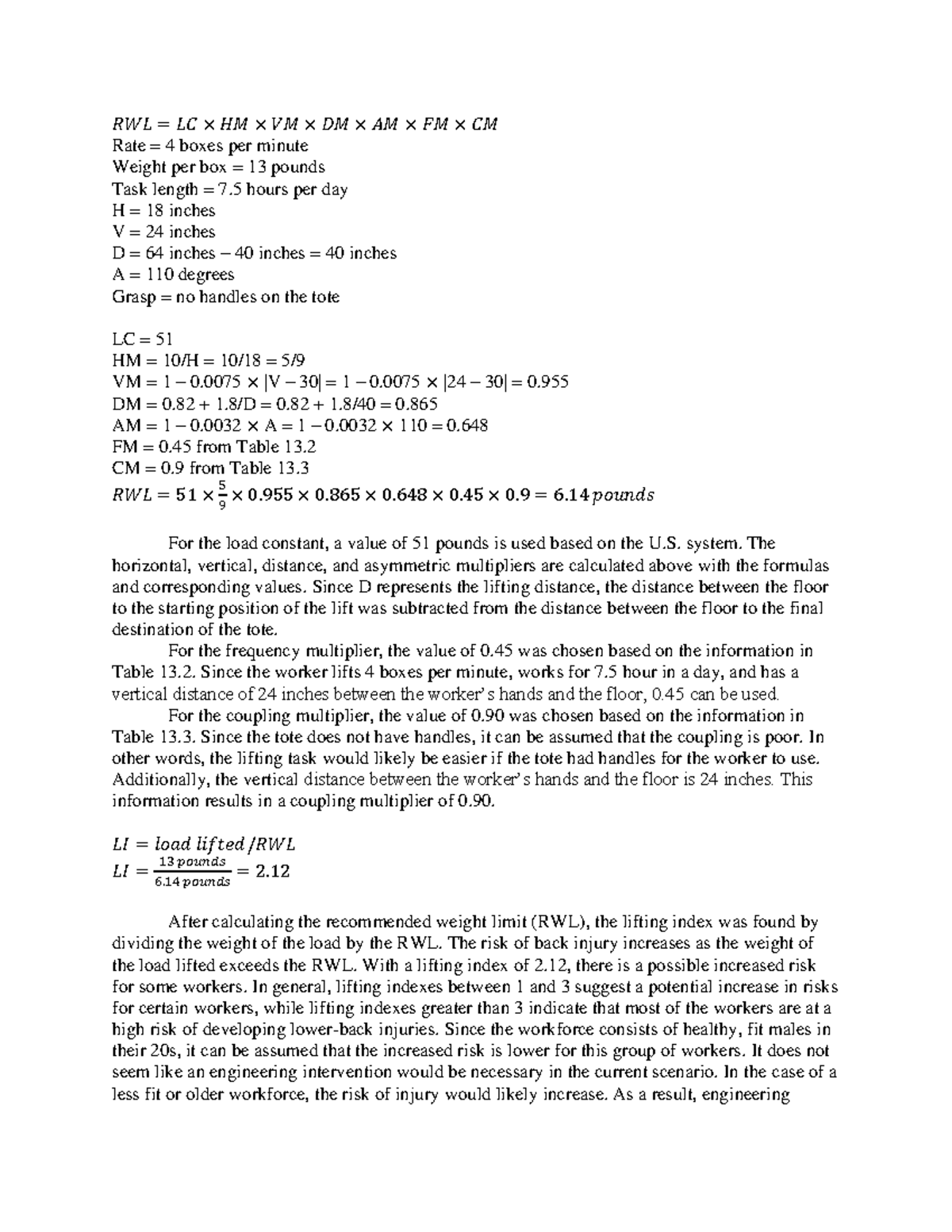 Biomechanics of Work activity - example of a great response - 𝑅𝑊𝐿 = 𝐿𝐶 ...