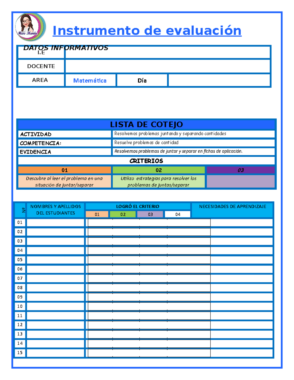 Instrumento Matemática 3 - Instrumento de evaluación I DOCENTE AREA ...