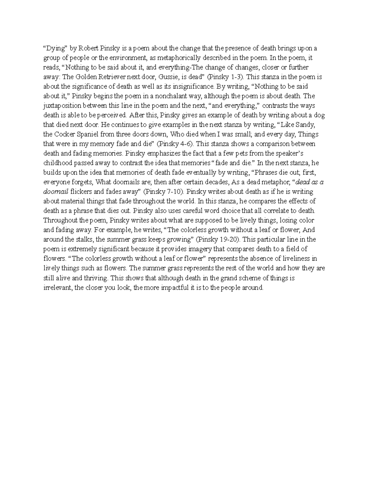 UComp Dying - “Dying” by Robert Pinsky is a poem about the change that ...
