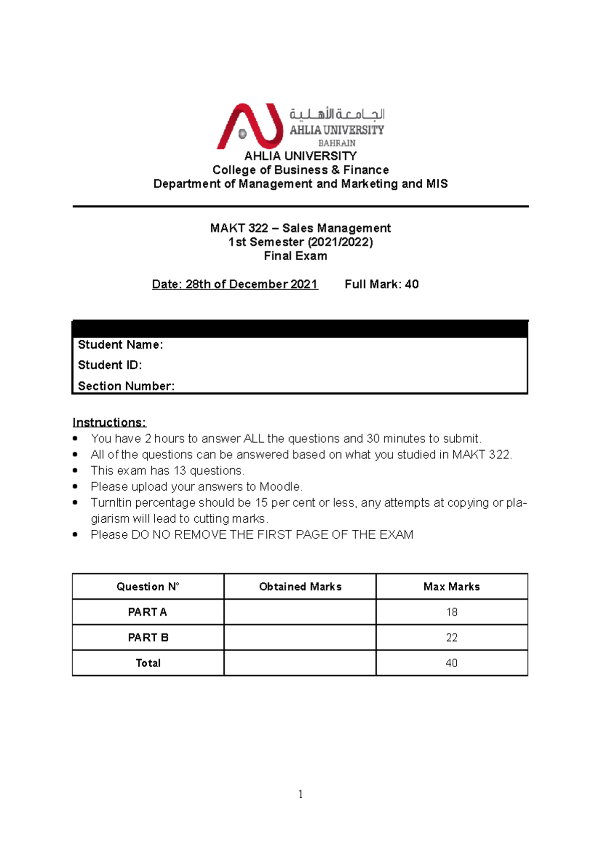 MAKT 322 Final exam- 1st Sem 2021 Student Version 2 (1) - AHLIA ...