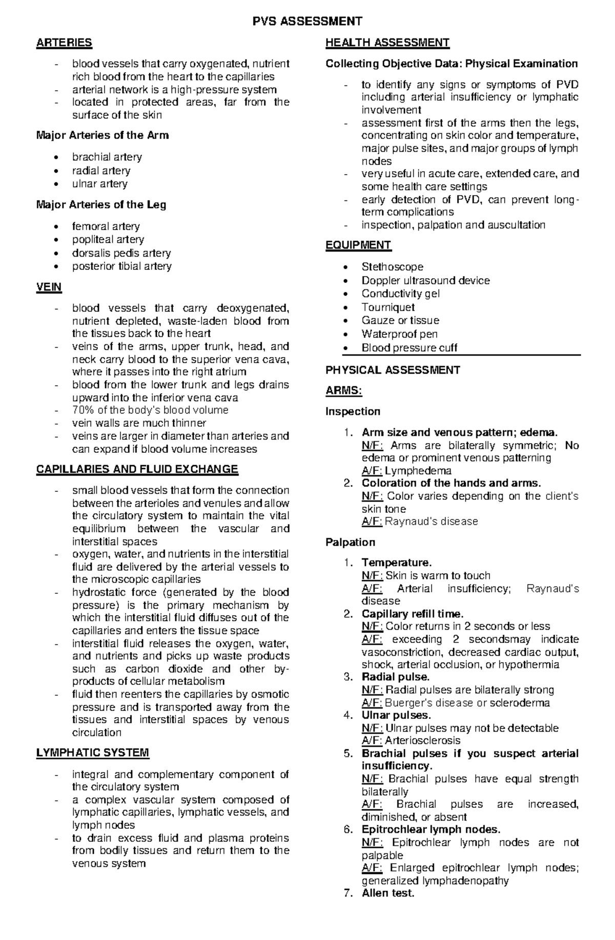 PVS Assessment - REVIEWER - PVS ASSESSMENT ARTERIES blood vessels that ...
