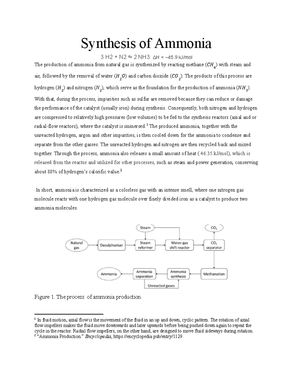 Chem Final project Draft - Synthesis of Ammonia 3 H2 + N2 ⇋ 2 NH3 ΔH ...