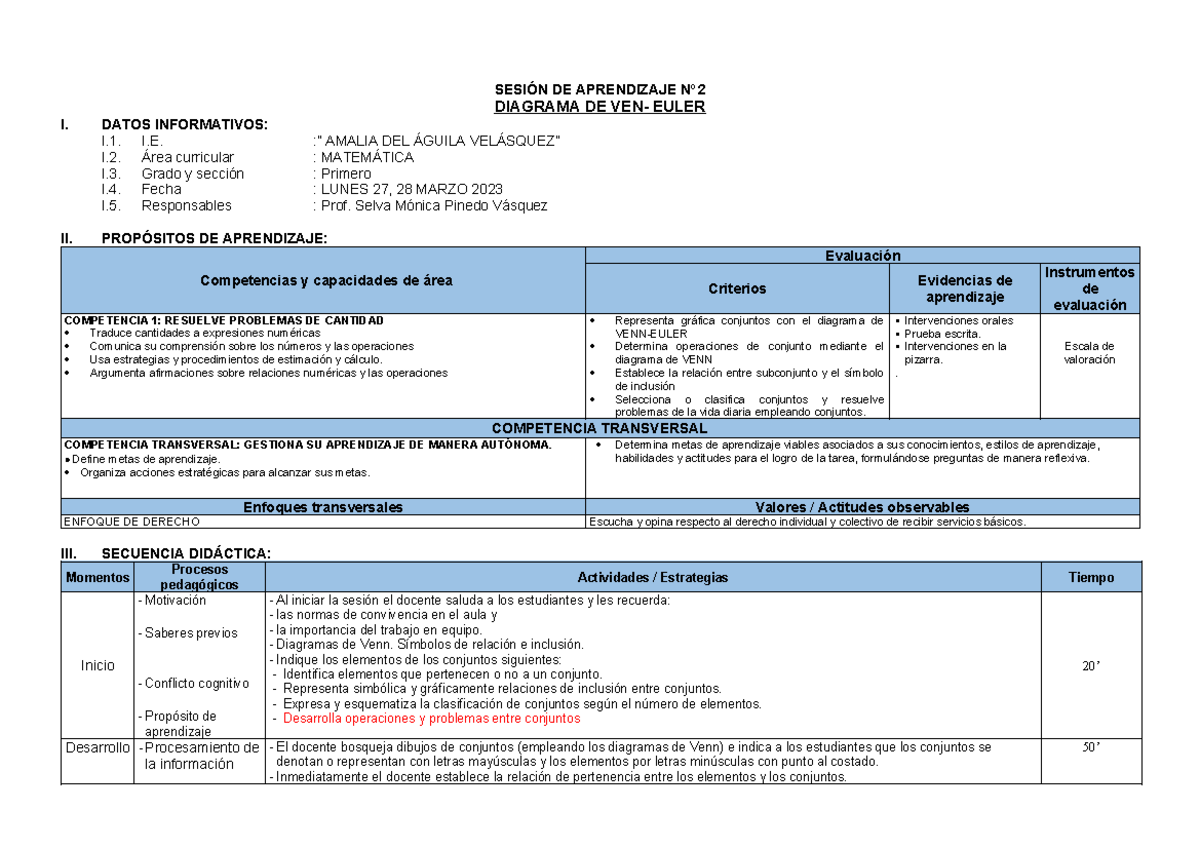 Sesión 02- Diagrama DE VENN - SESIÓN DE APRENDIZAJE No 2 DIAGRAMA DE ...