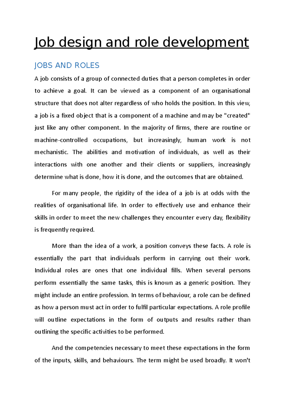 Job design and role development - It can be viewed as a component of an ...