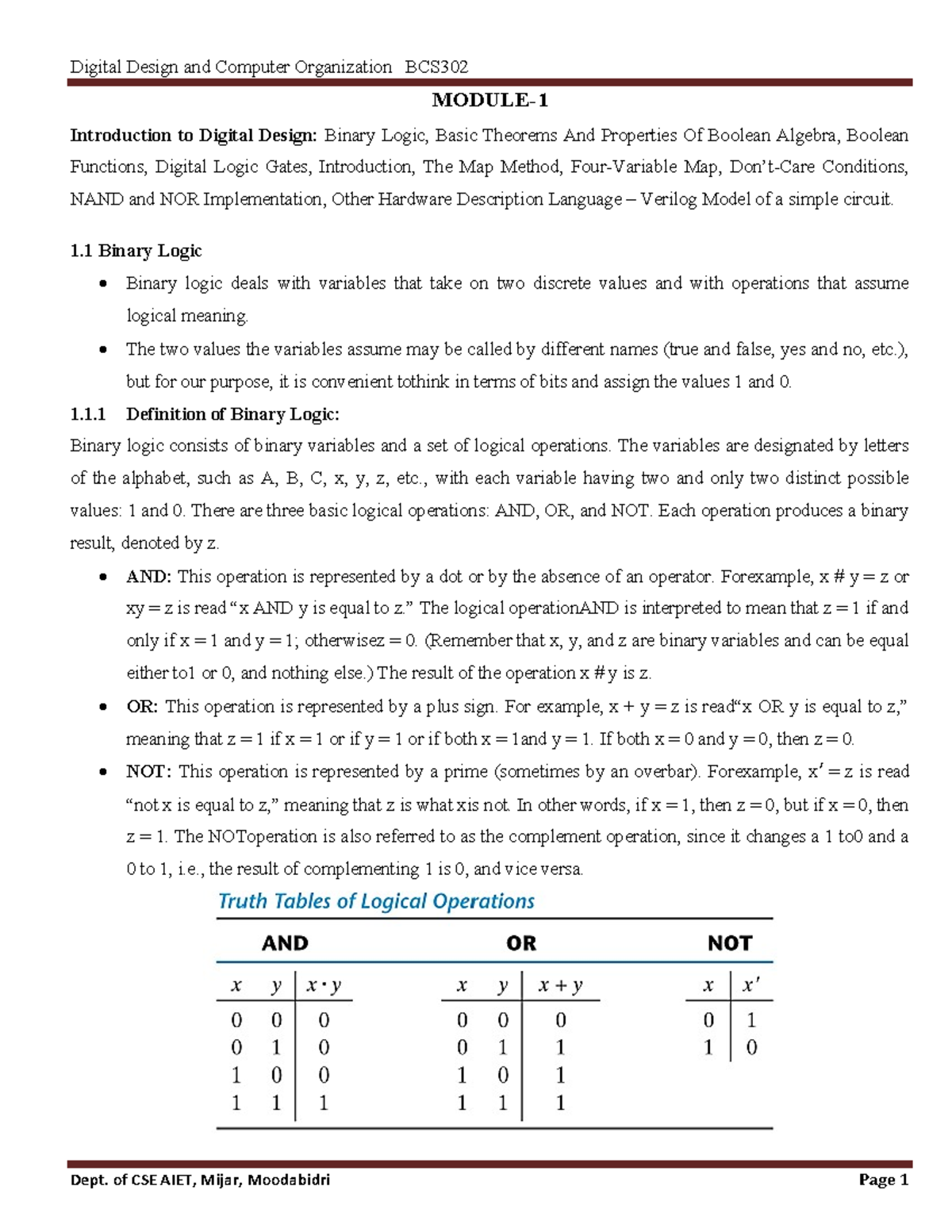 DDCO Module 1 - uuuu - MODULE- Introduction to Digital Design: Binary Logic, Basic Theorems And ...