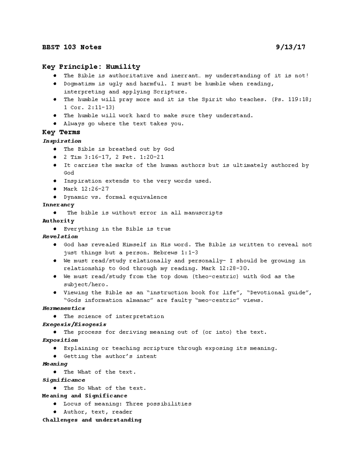 BBST 103 Notes on Humility - BBST 103 Notes 9/13/ Key Principle ...