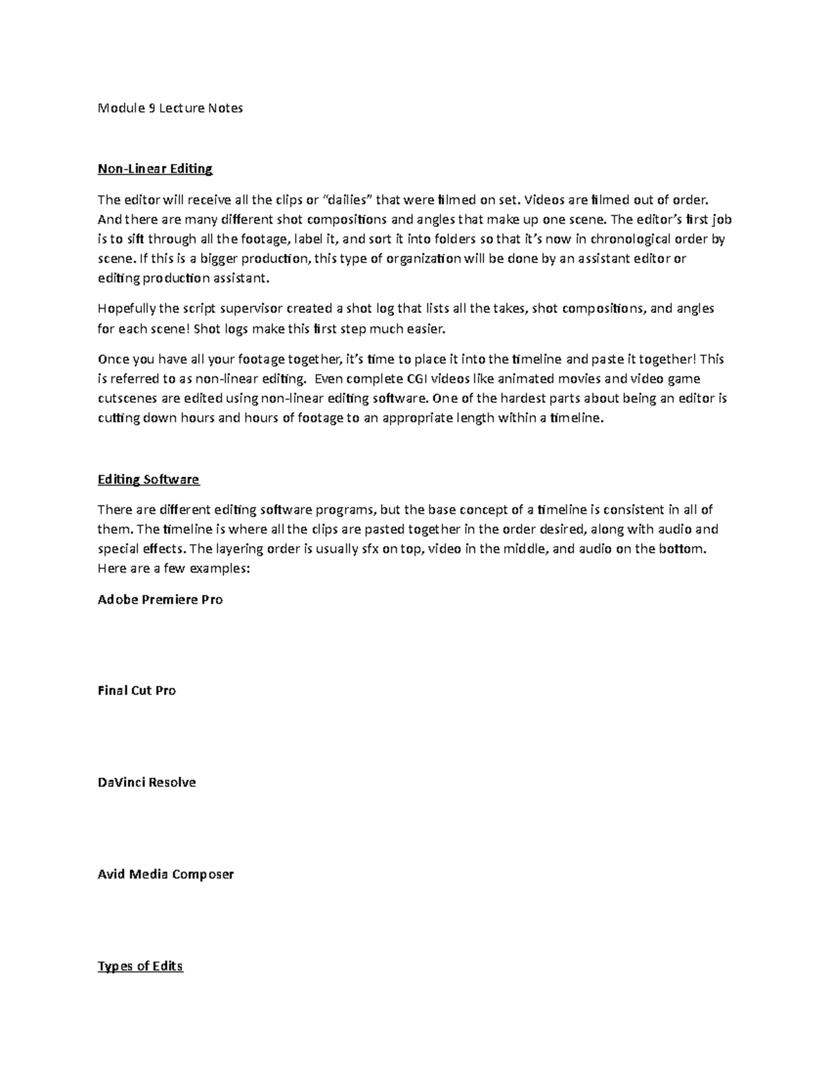 Module 9 Lecture Notes Module 9 Lecture Notes Non Linear Editing The Editor Will Receive All 0301