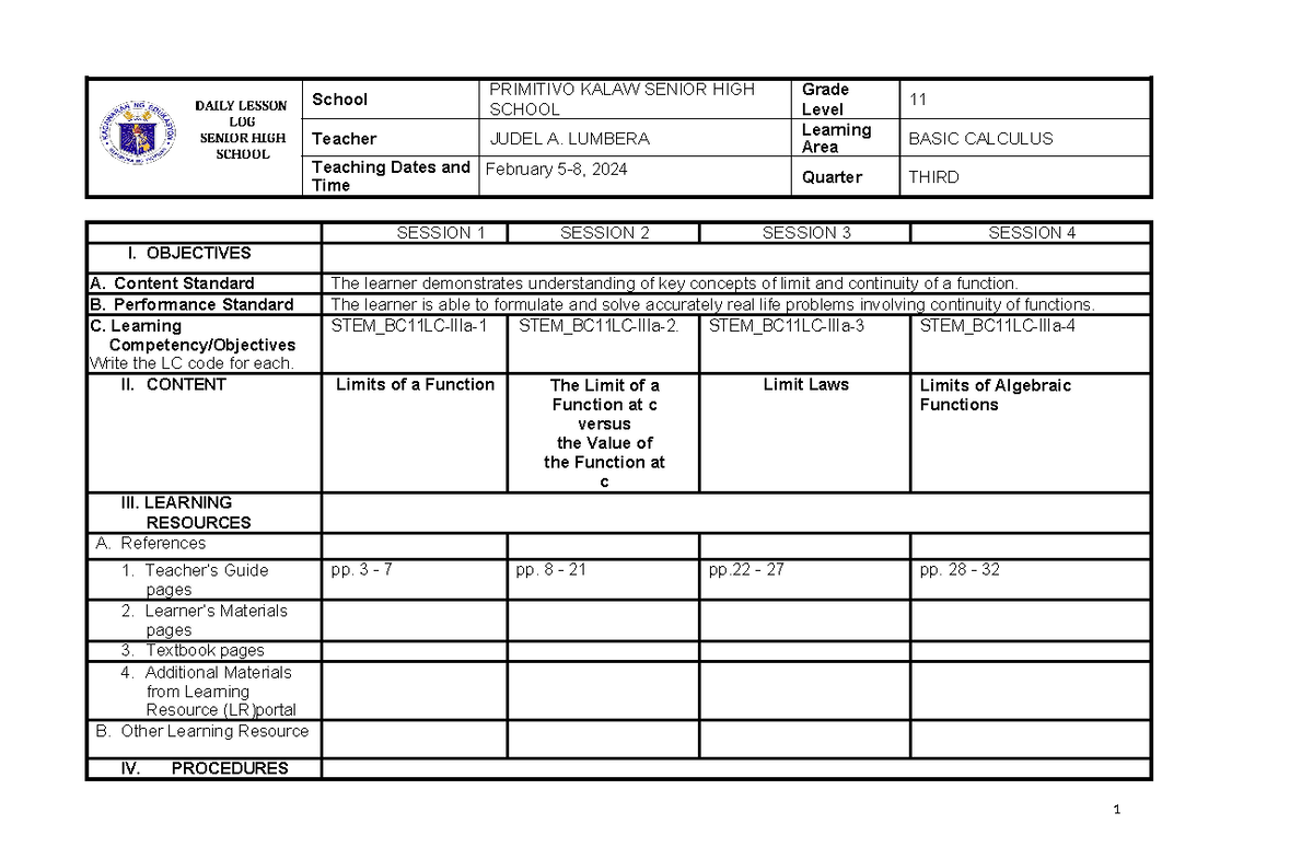 Calculus dll week 1 - n\a - DAILY LESSON LOG SENIOR HIGH SCHOOL School ...