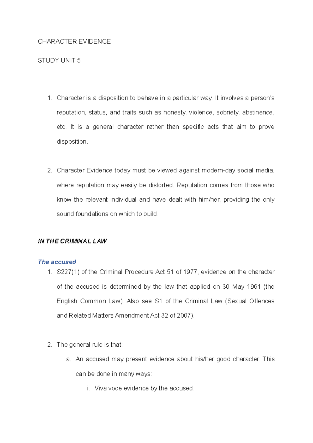 Character Evidence - CHARACTER EVIDENCE STUDY UNIT 5 Character is a ...