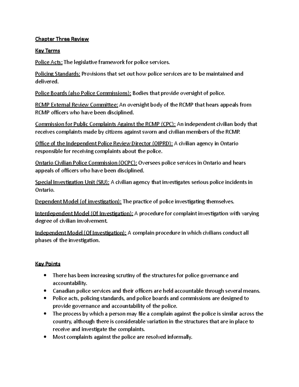 PLST 2000 Chapter Three Review - Chapter Three Review Key Terms Police ...