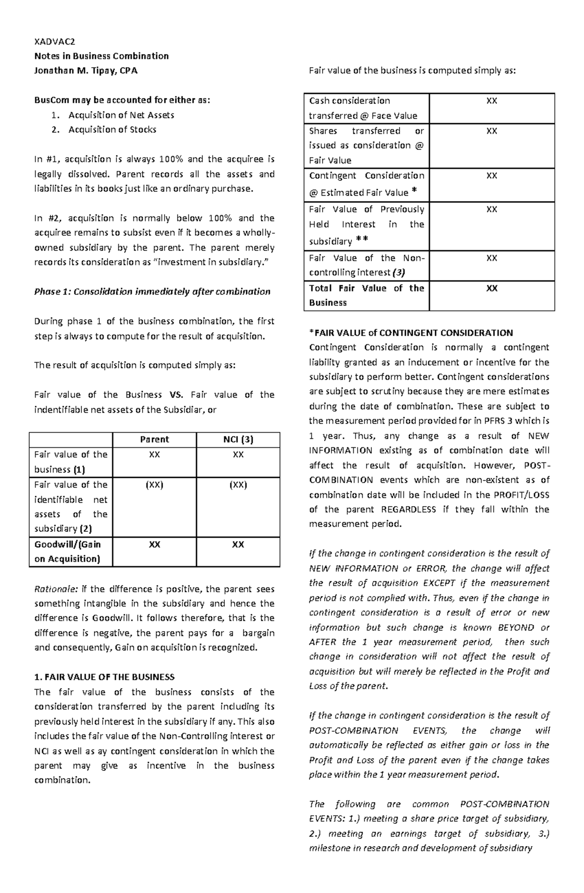 Notes to Bus. Com by Tipay - XADVAC Notes in Business Combination ...