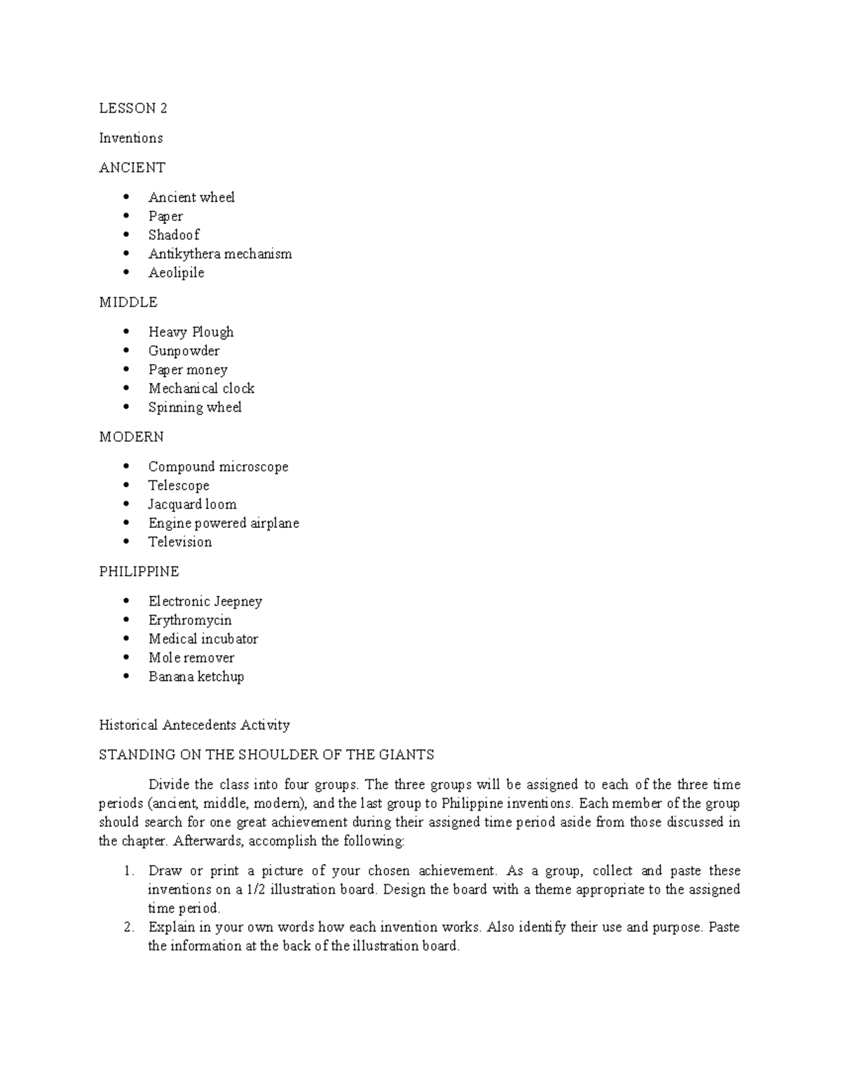 Historical-Antecedents-Activity - LESSON 2 Inventions ANCIENT Ancient ...