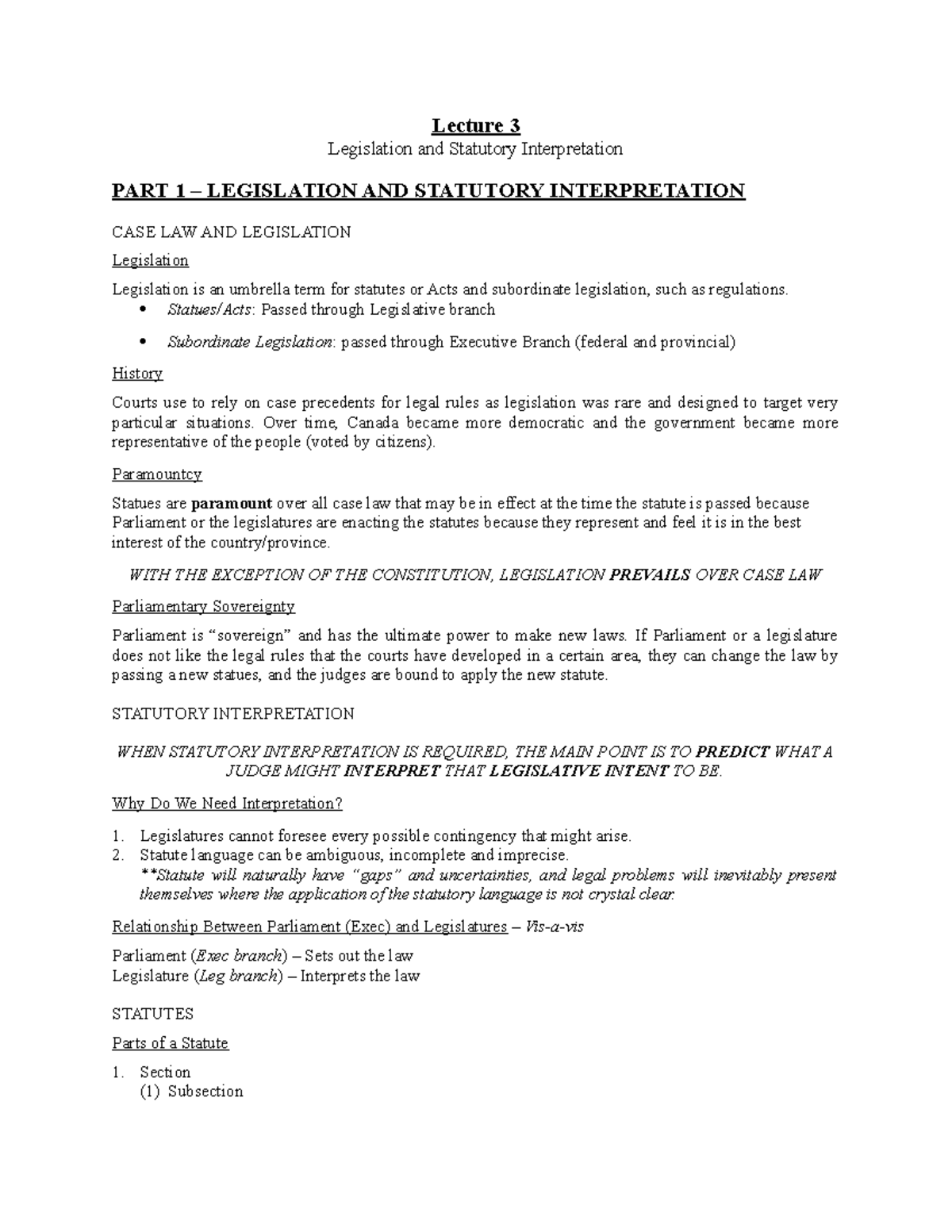 Lecture 3 Notes - Legislation and Statutory Interpretation - Lecture 3 ...