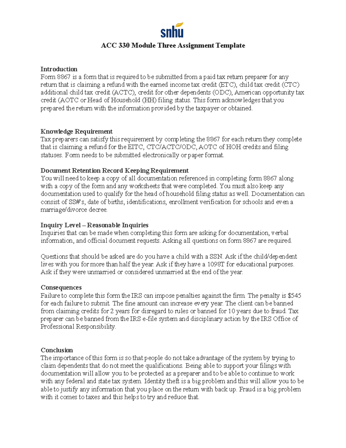 ACC 330 Module Three Assignment - This form acknowledges that you ...