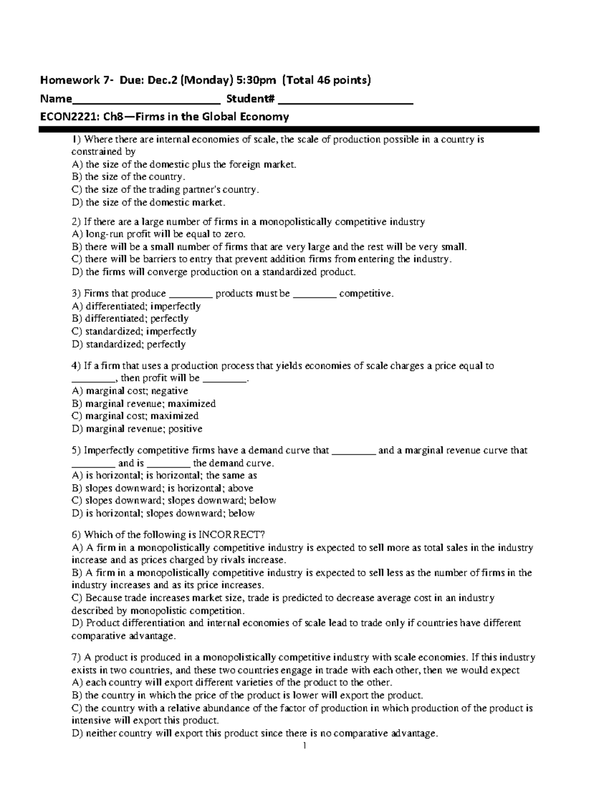 Hw Ch8 Q Homework With Answers Homework 7 Due Dec Monday 5 30pm Total 46 Points