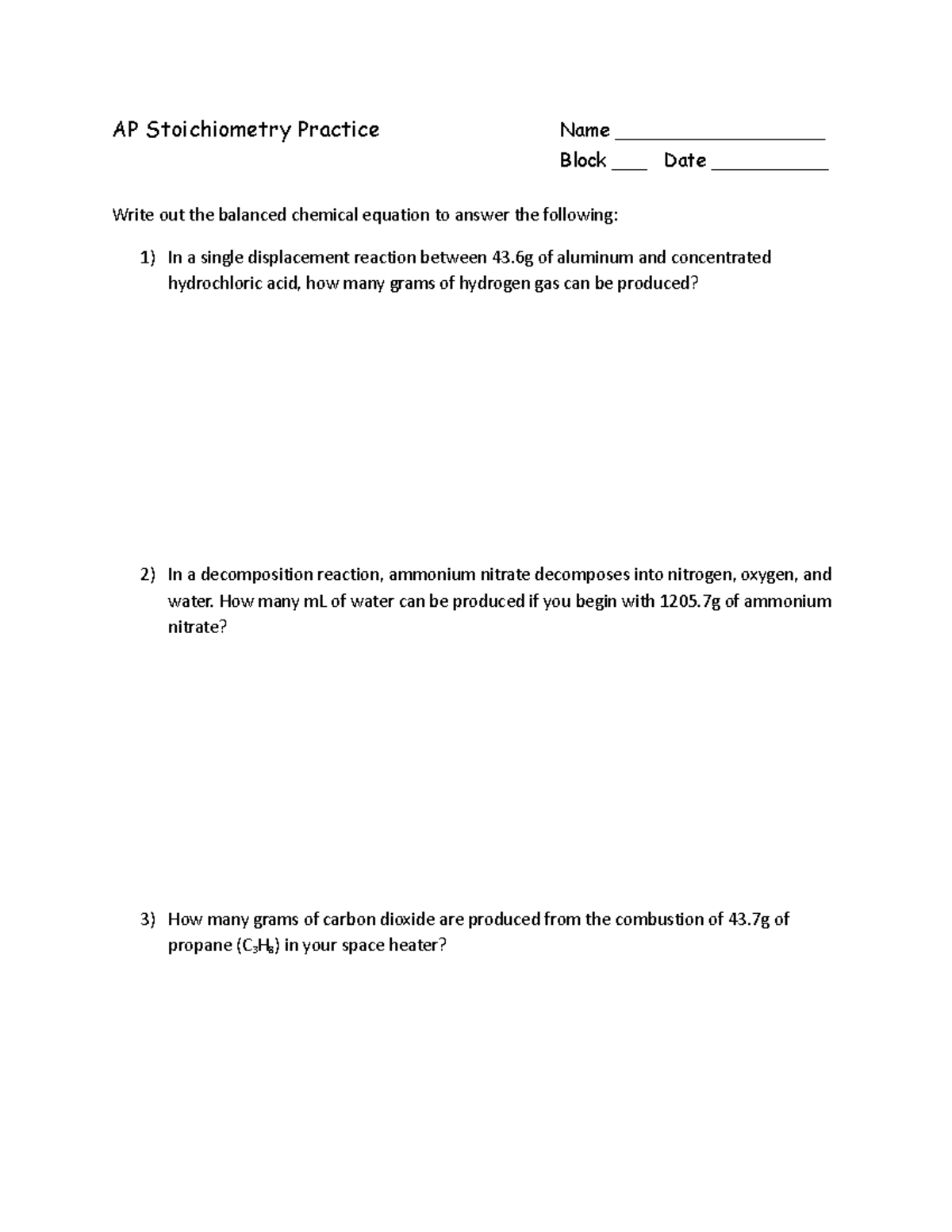 Ap stoichiometry practice - AP Stoichiometry Practice Name ...