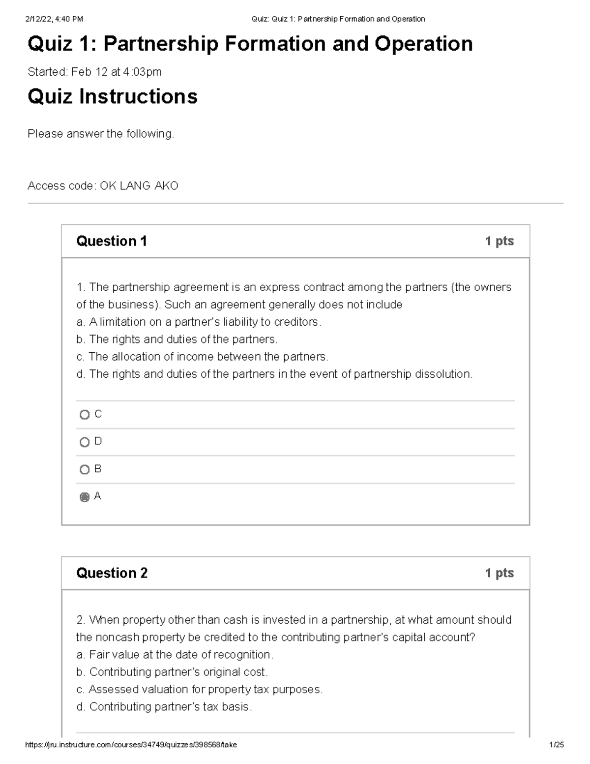 Quiz 1 Partnership Formation and Operation - Quiz 1: Partnership ...