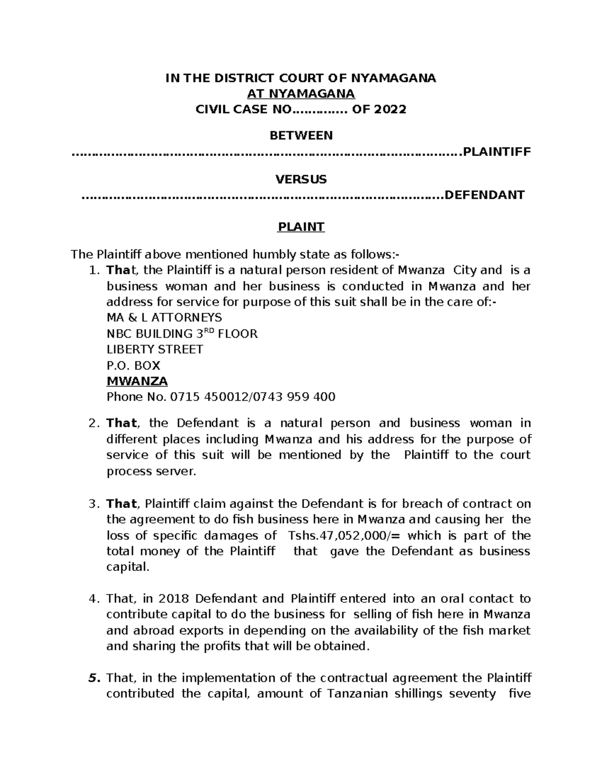 Plaint - Learning - IN THE DISTRICT COURT OF NYAMAGANA AT NYAMAGANA ...