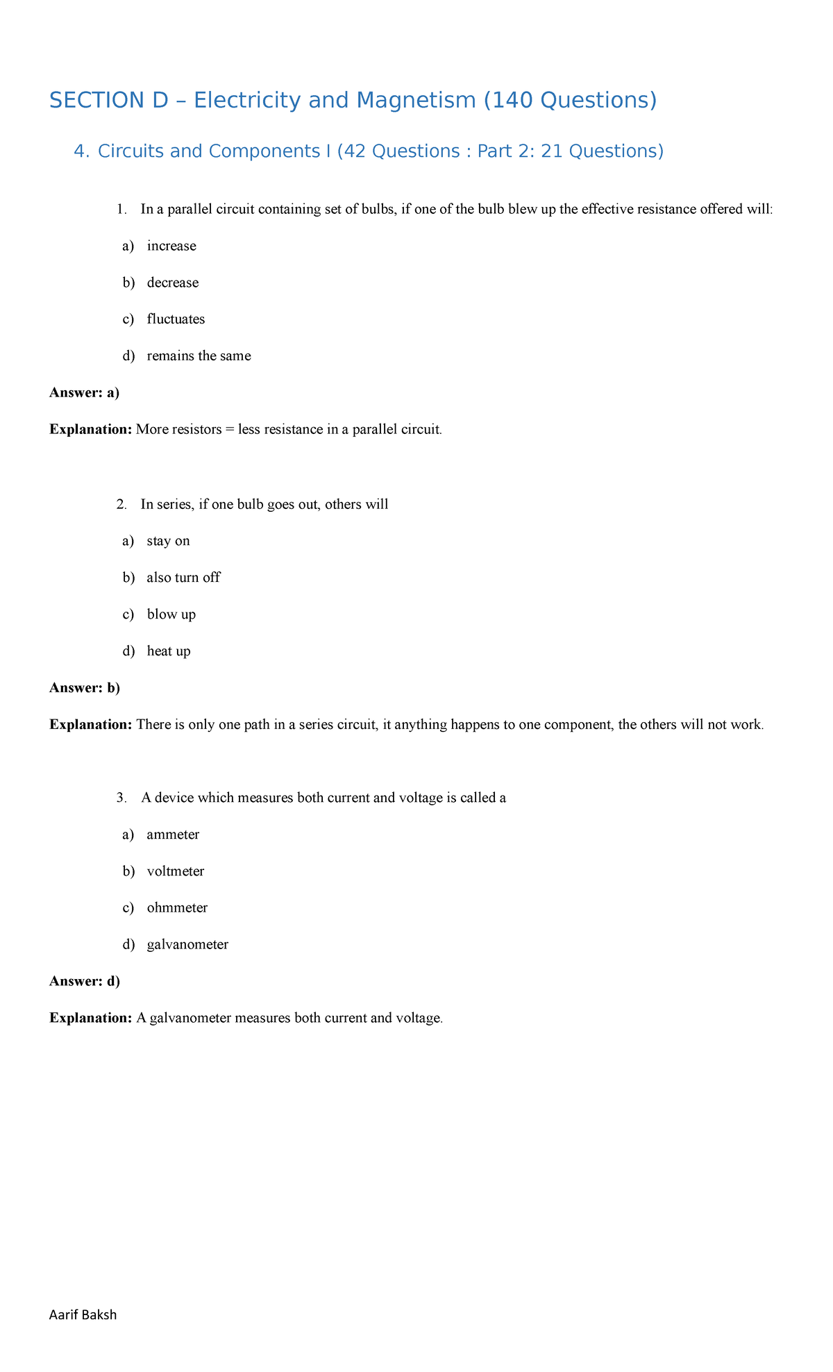 Physics D4 Part 2 - Practice questions and answers on Electricity and ...