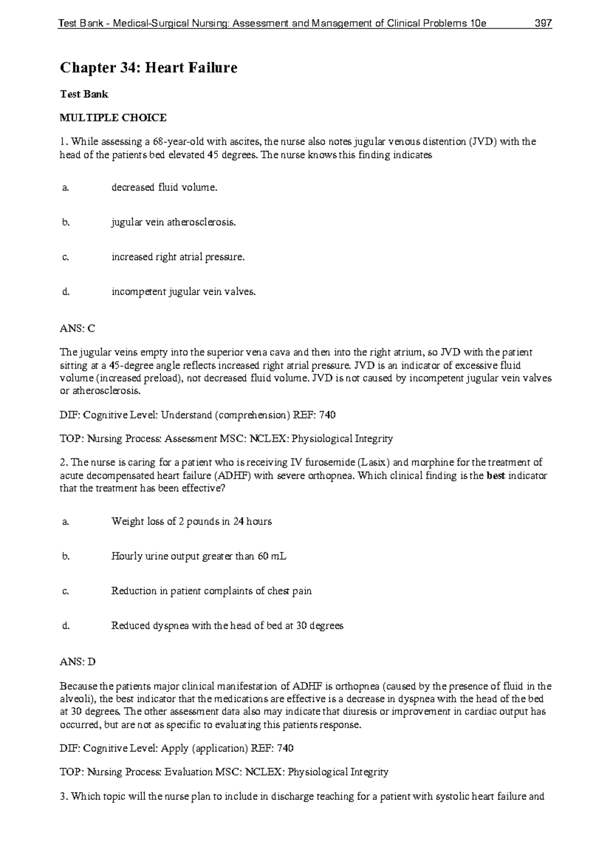Chapter 34 Heart Failure - Chapter 34: Heart Failure Test Bank MULTIPLE ...