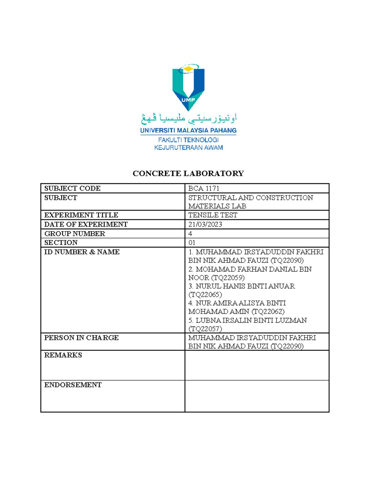 Tensile TEST Report - CONCRETE LABORATORY SUBJECT CODE BCA 1171 SUBJECT ...