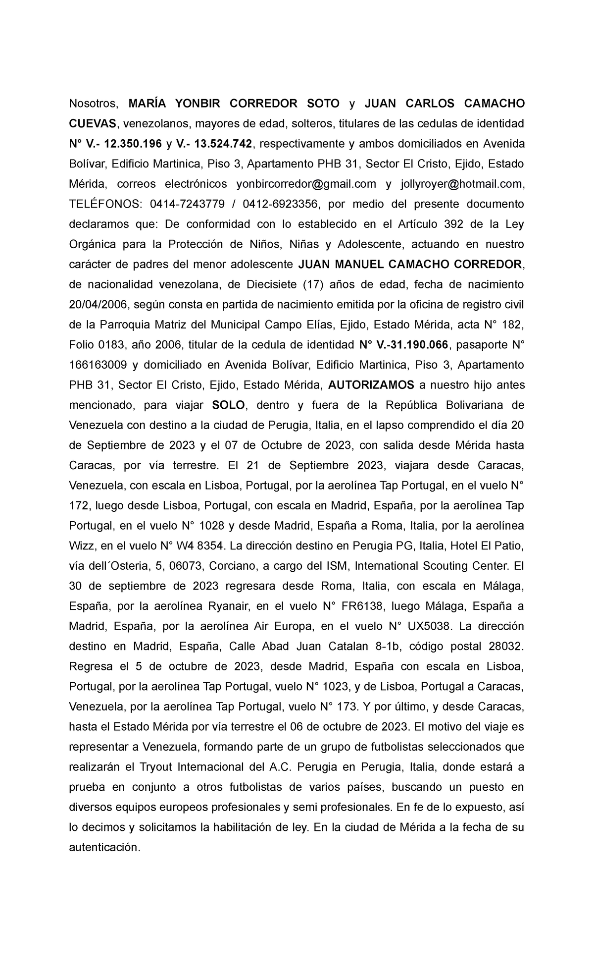 Autorizacion - Bbbbn - Nosotros, MARÍA YONBIR CORREDOR SOTO y JUAN ...