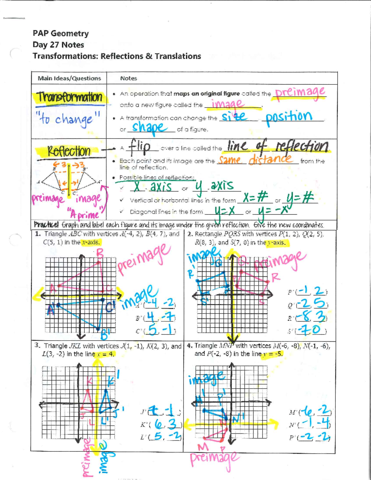 Pap geometry day 27 notes transformations reflections and translations ...