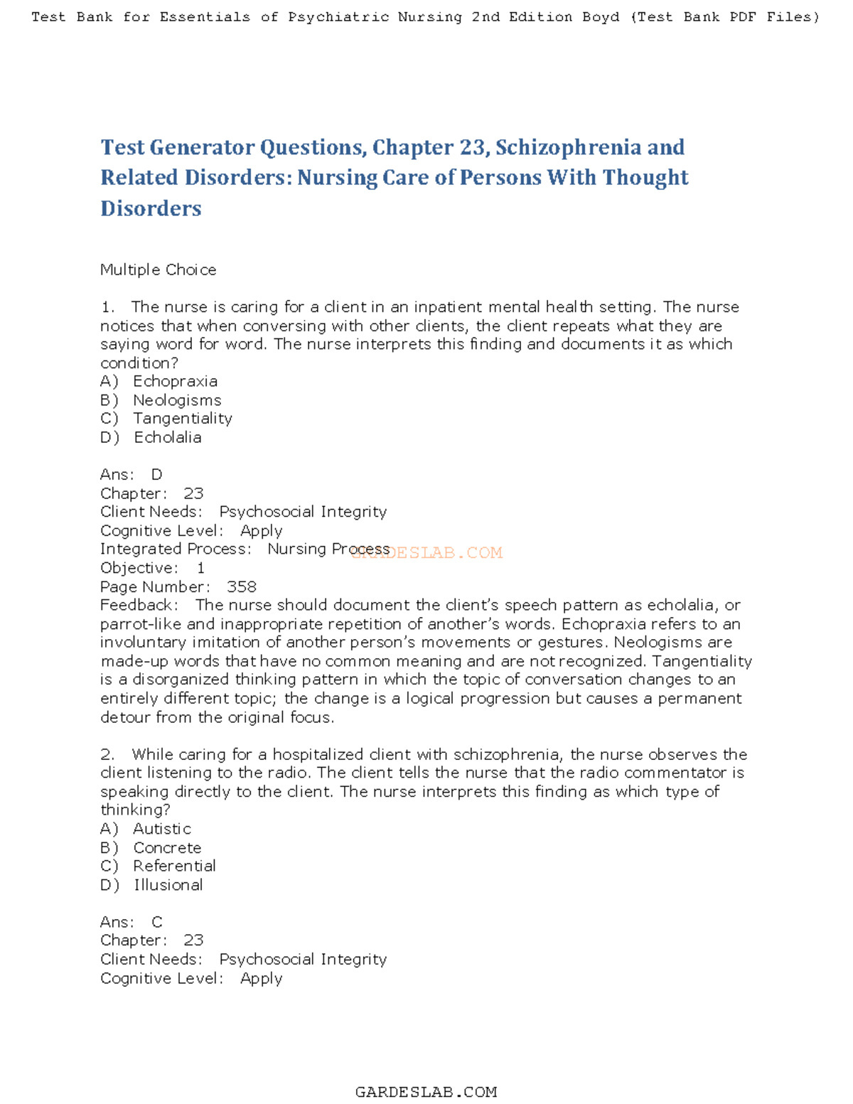 TG Chapter 23 - Mental health tb - G R A D E S L A B. C O M Test ...