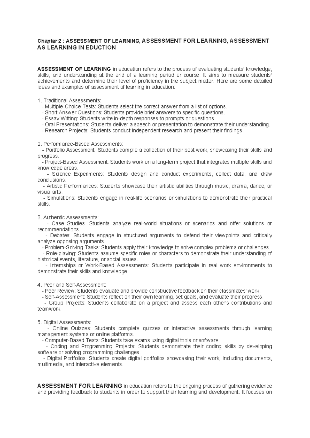 EDUC61 Chapter 2 - Chapter 2 : ASSESSMENT OF LEARNING, ASSESSMENT FOR ...