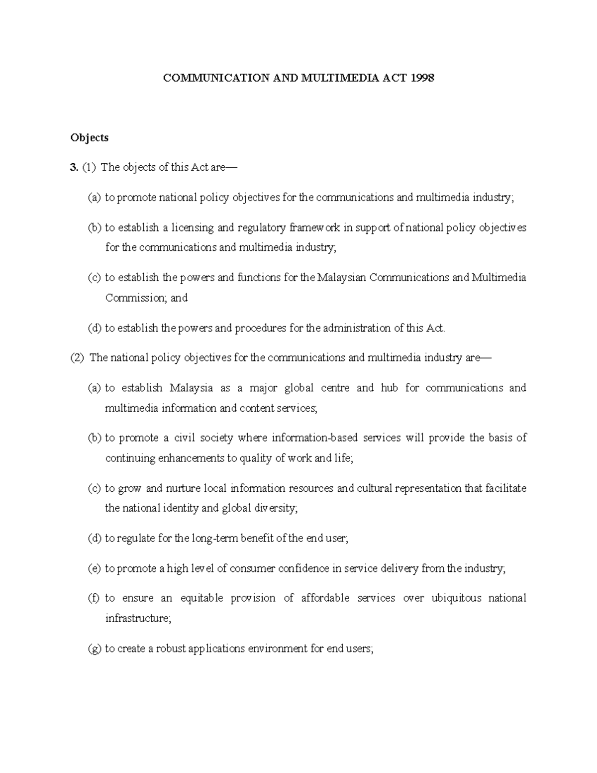 Compilation Statute FOR IT Law - COMMUNICATION AND MULTIMEDIA ACT 1998 ...