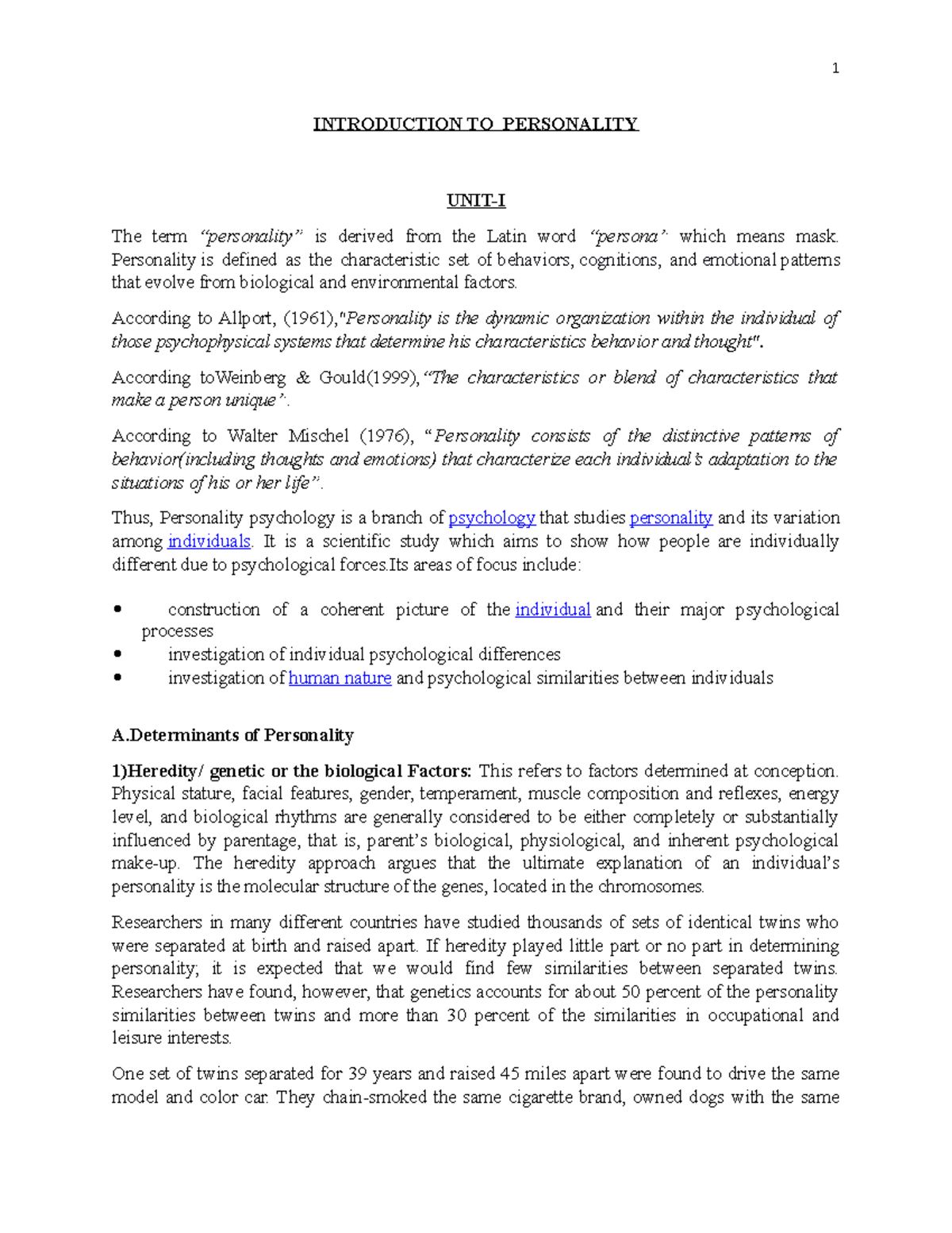 081 Introduction To Personality - INTRODUCTION TO PERSONALITY UNIT-I ...