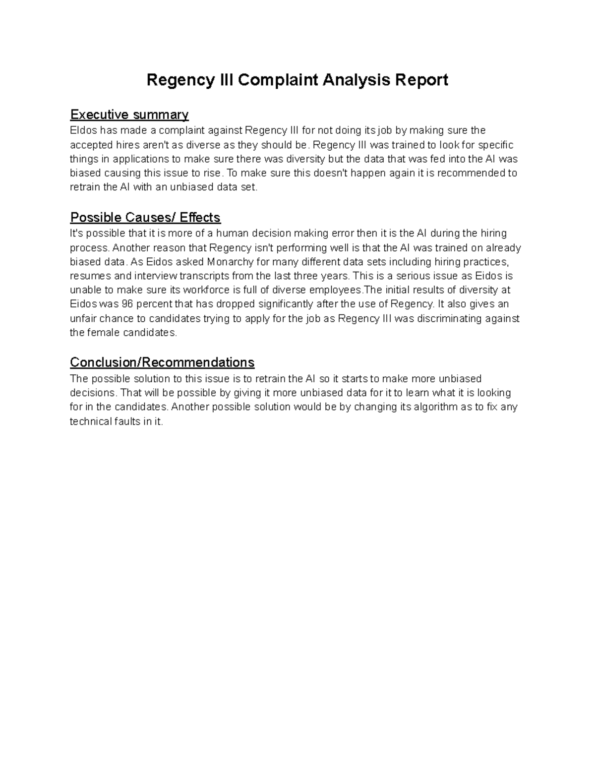 Cmn Assignment summary - Regency III Complaint Analysis Report ...