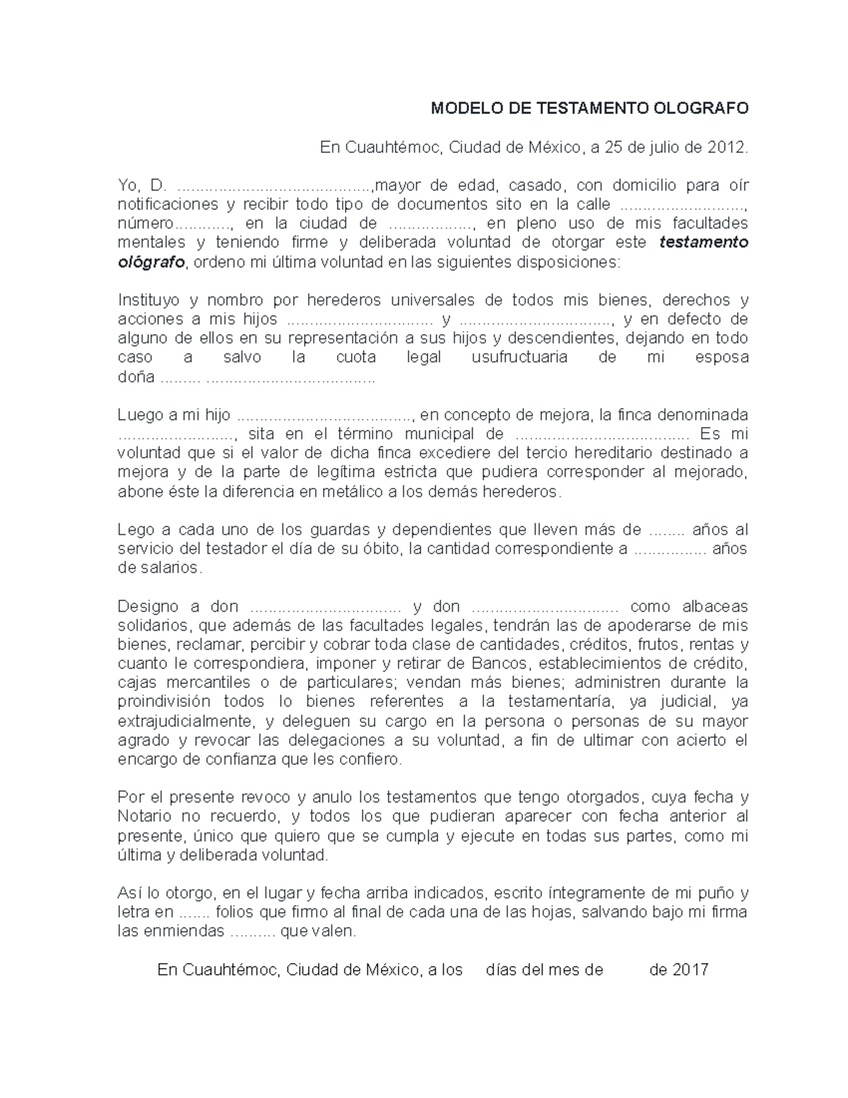 368504310 Modelo de Testamento Olografo - MODELO DE TESTAMENTO OLOGRAFO ...