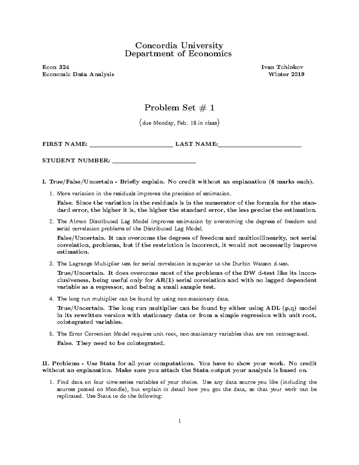 Econ 324 Assignment 1 Solution - Concordia University Department of ...