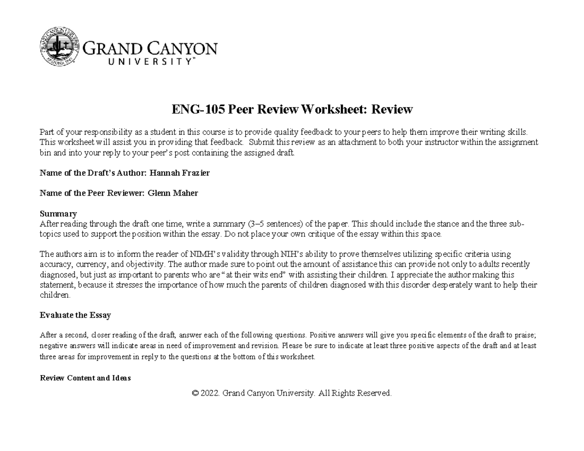 ENG-105 Peer Review Worksheet - Review - Maher - Frazier - ENG-105 Peer ...