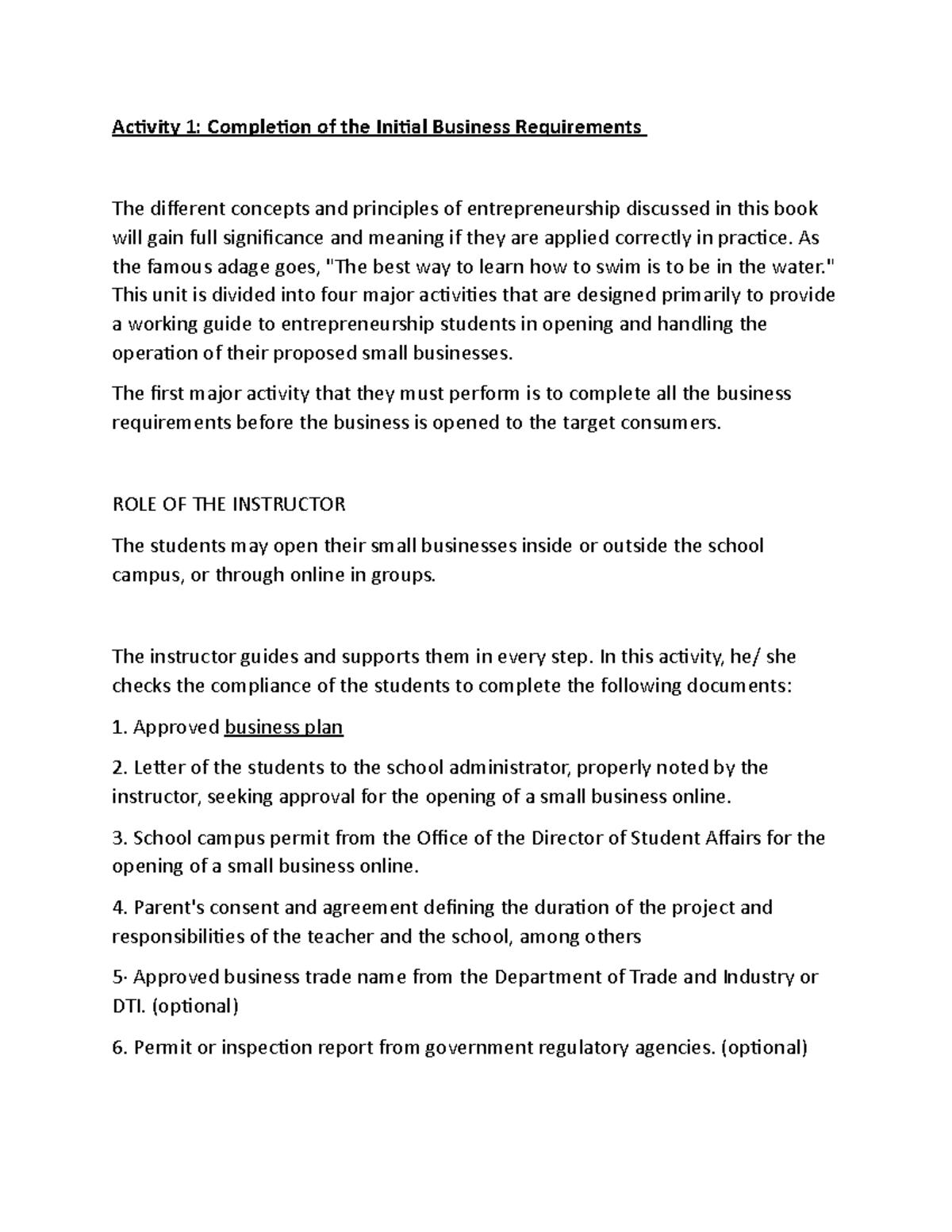 Business PLAN2 Entrep - Activity 1: Completion of the Initial Business ...